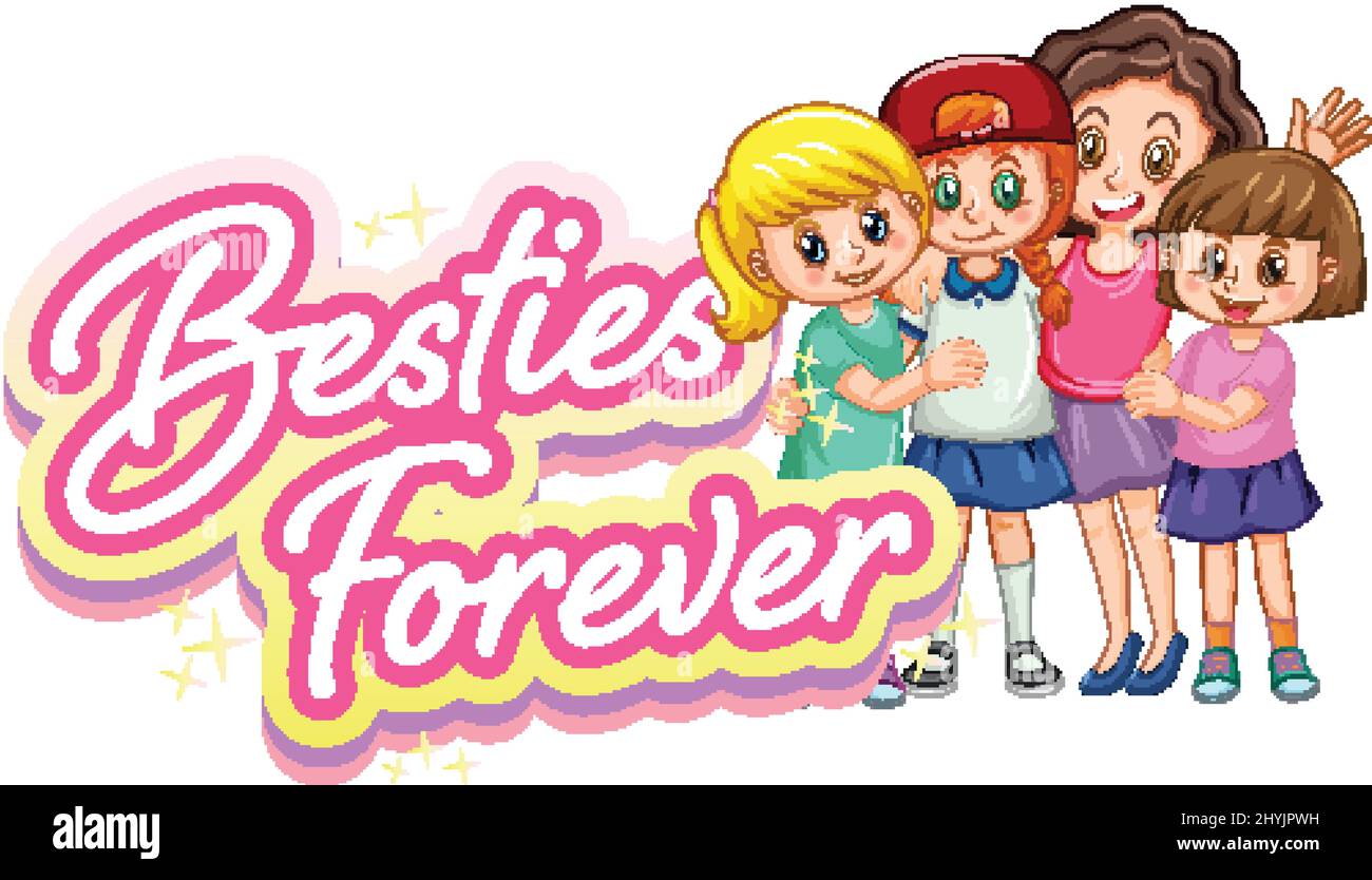 Bestie forever logo with many girls cartoon character illustration ...