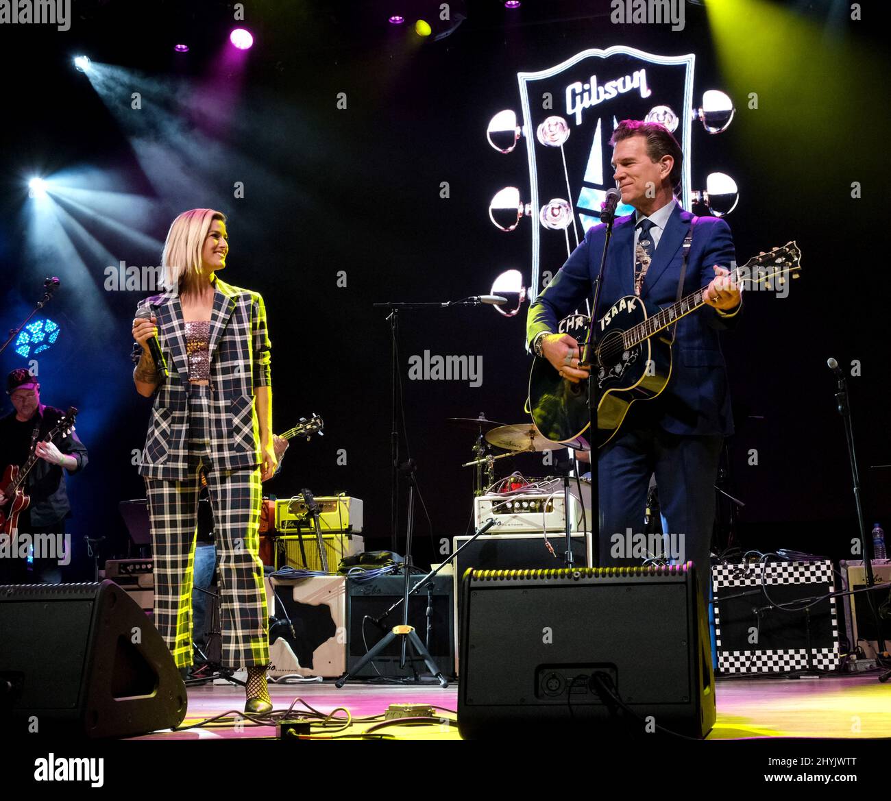 Cassadee Pope and Chris Isaak onstage at Gibson's Summer NAMM Jam ...