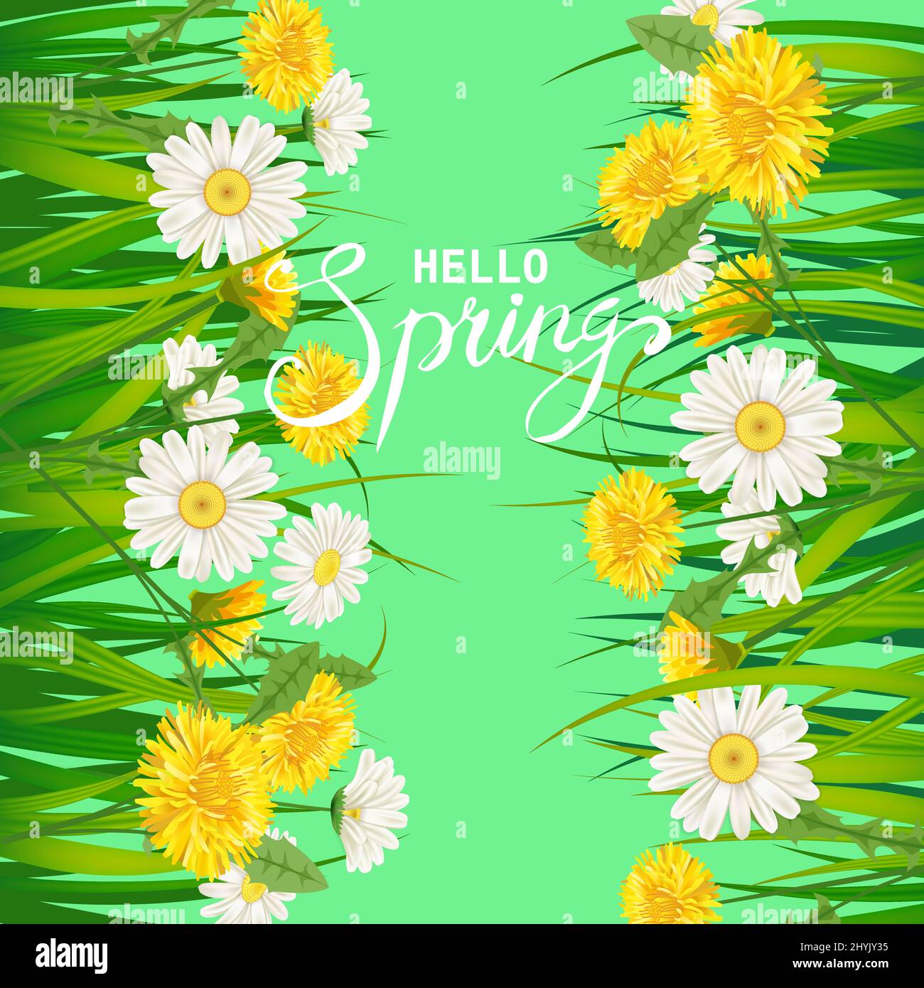 Hello Spring lettering template background with flowers dandelions and ...