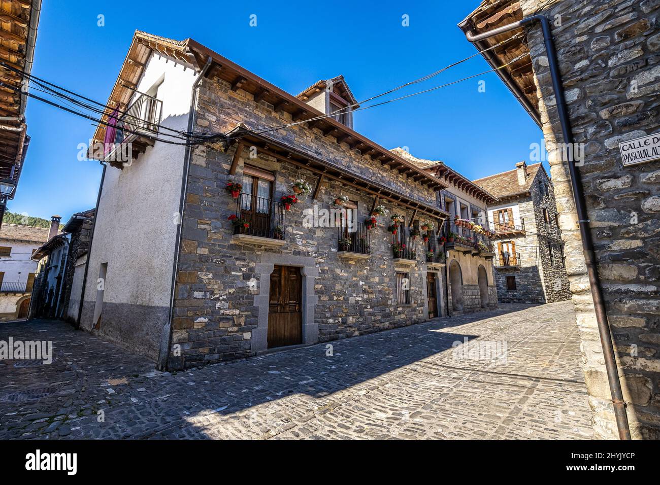 Old town of the beautiful village of Anso, Pyrenees region, Huesca ...