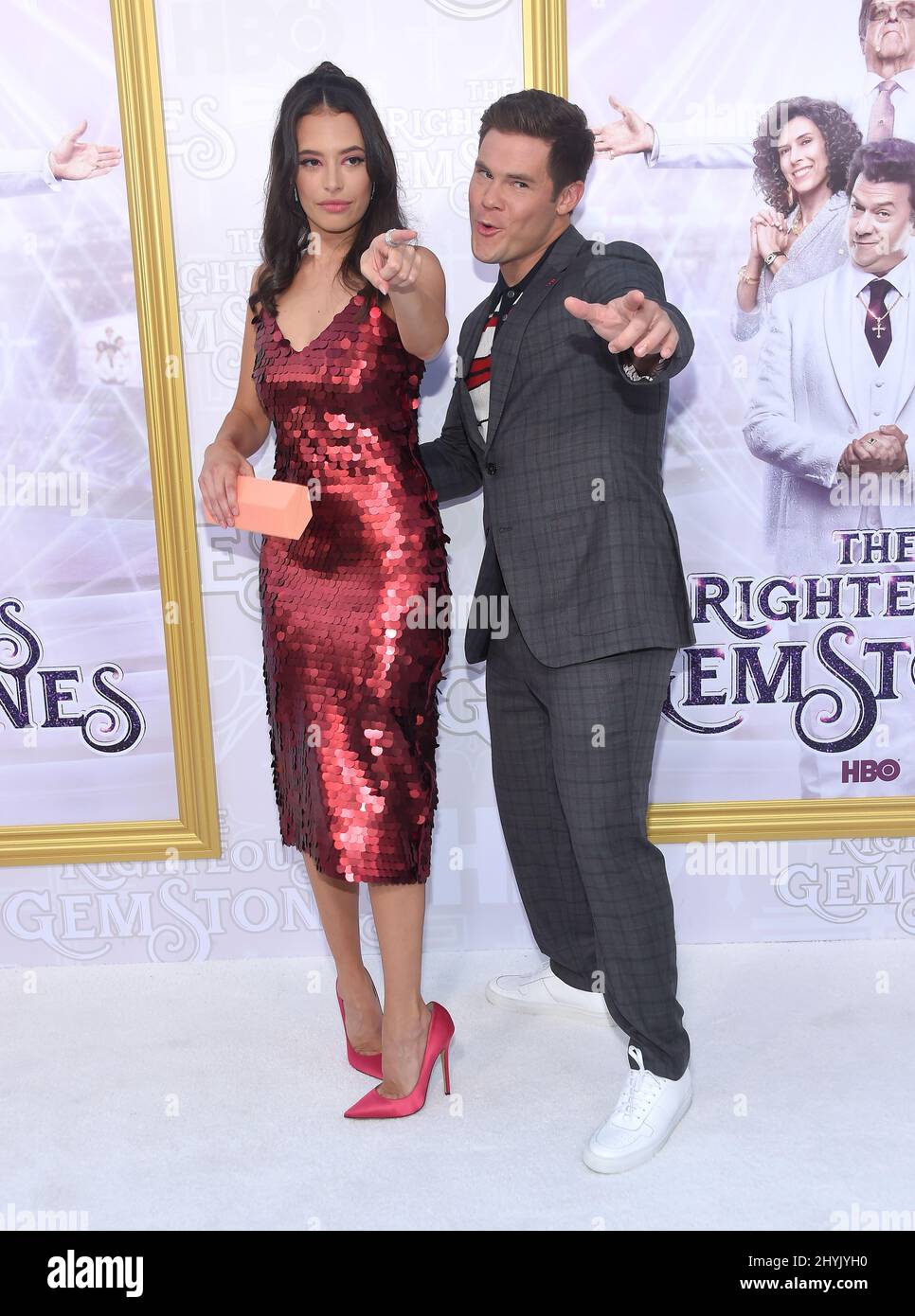 Adam Devine and Chloe Bridges arriving to the 'The Righteous Gemstones' Los Angeles Premiere at ...