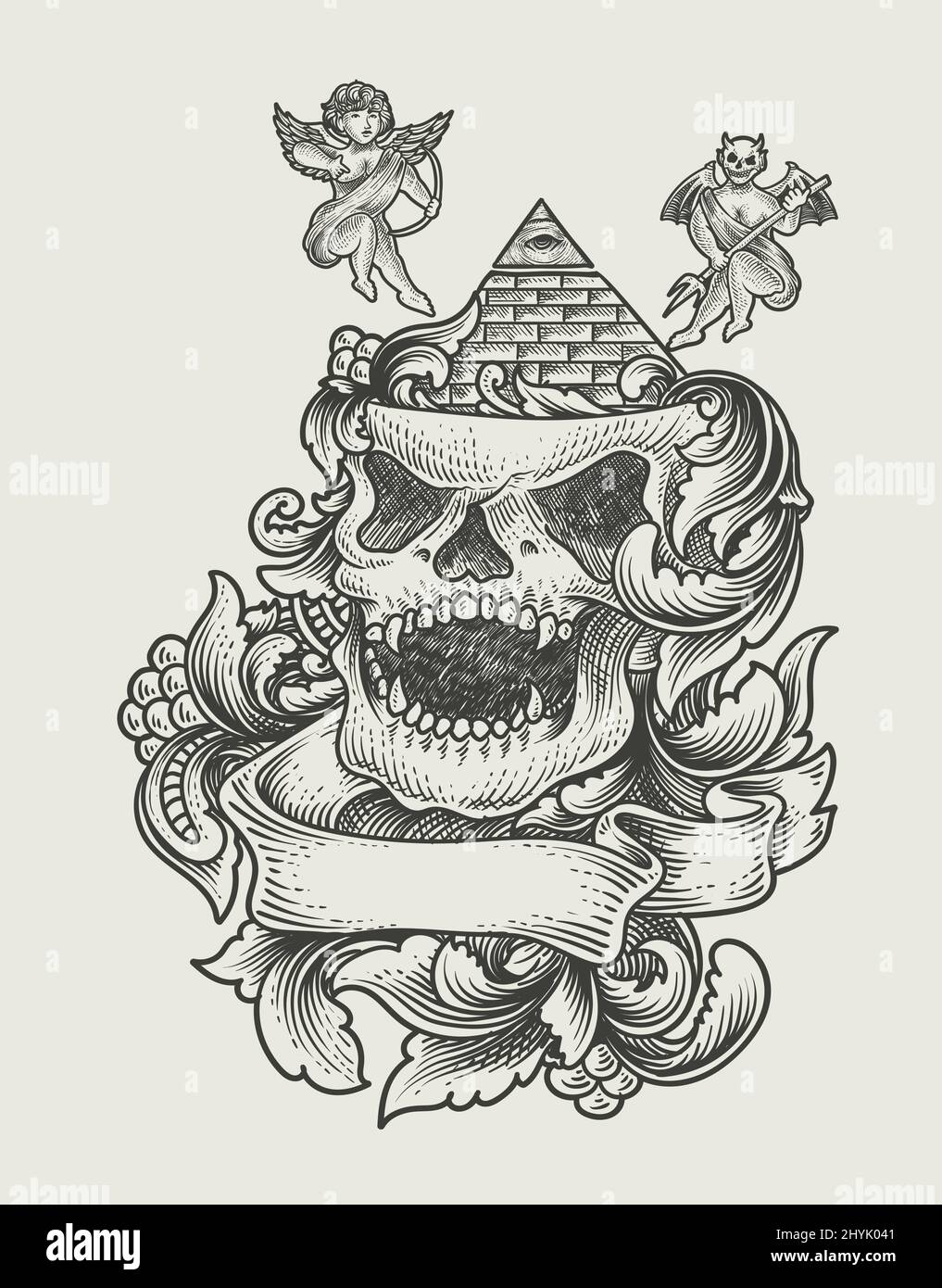 illustration skull illuminati with vintage engraving ornament Stock ...