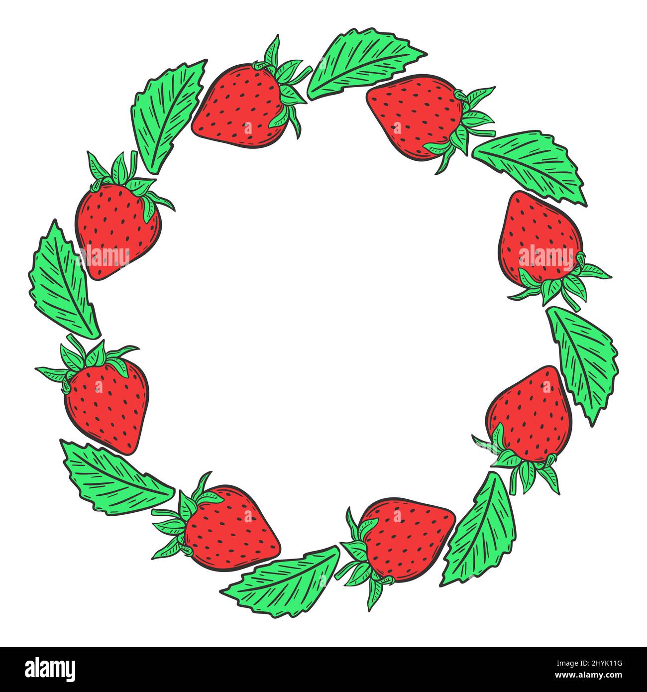 Round frame with strawberries and leaves vector illustration. Circular ...