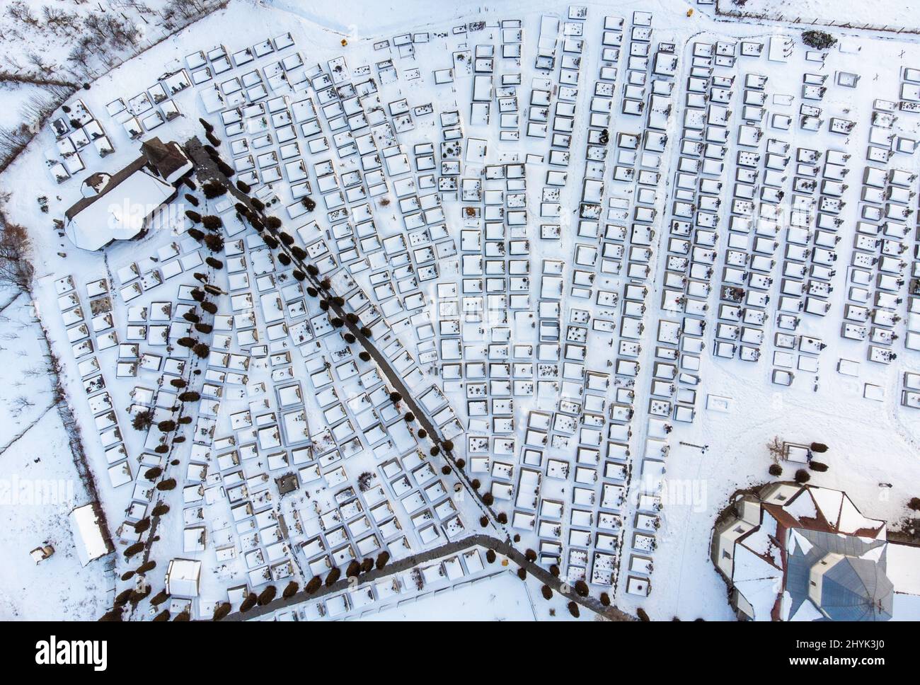 Aerial view of cemetery graves in winter Stock Photo - Alamy
