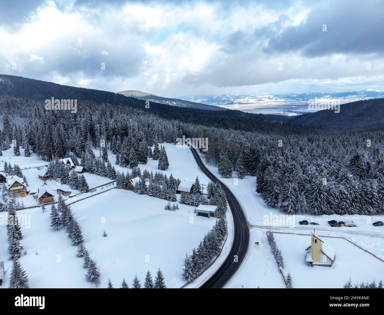 Aerial view of the Bucin pass in Romania in winter Stock Photo - Alamy