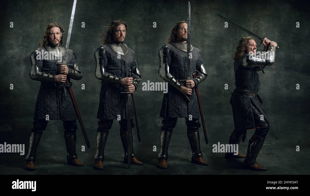 Collage with vintage style portraits of brutal seriuos man, medieval ...