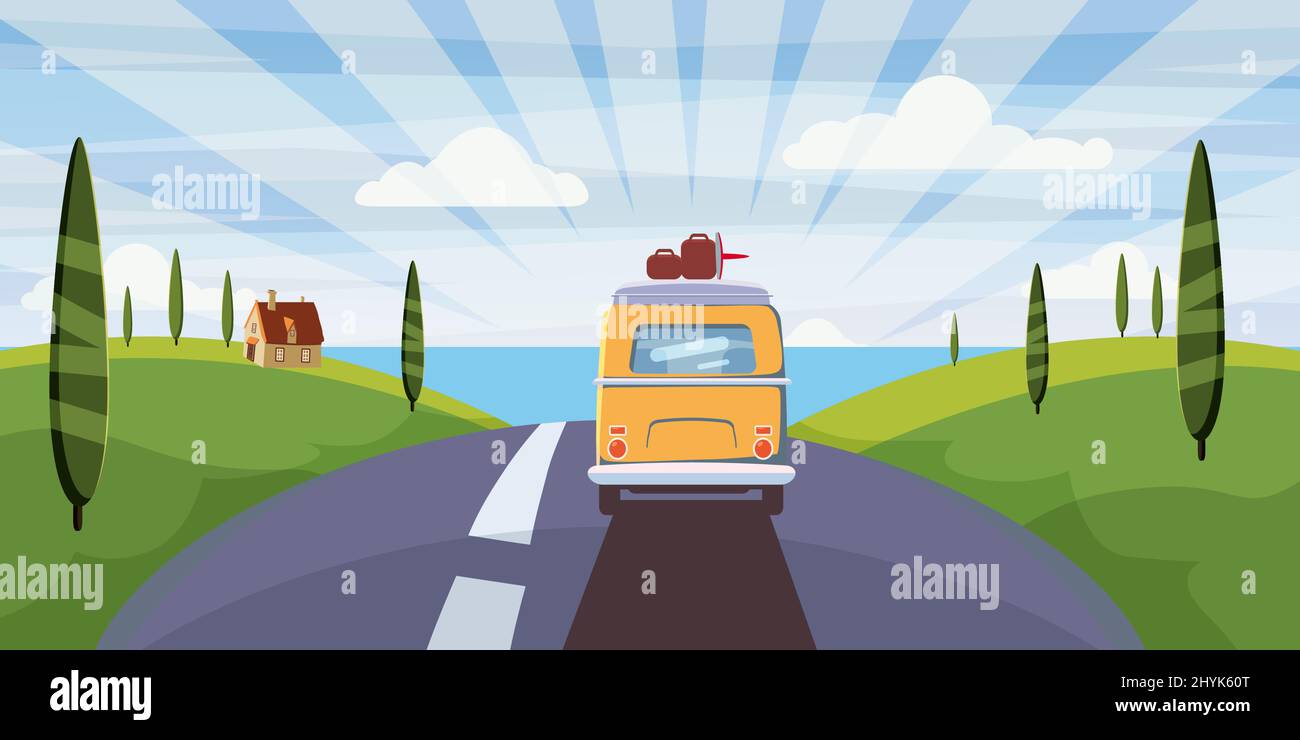 Travel van camper, bus on the road goes to the sea for a summer ...