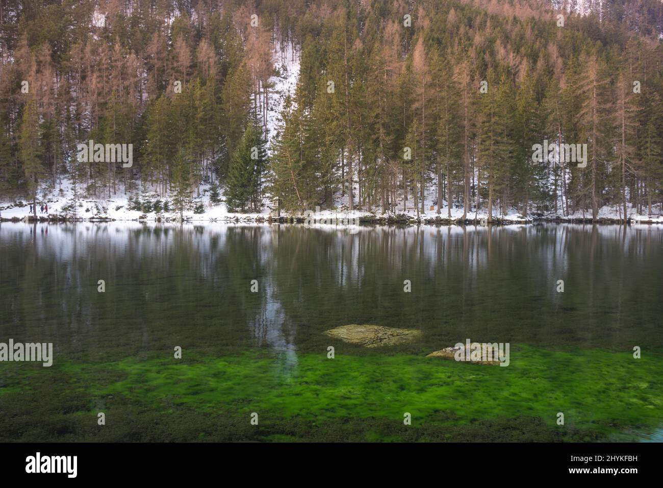 Green lake (Grunner see) in sunny winter day. Famous tourist ...