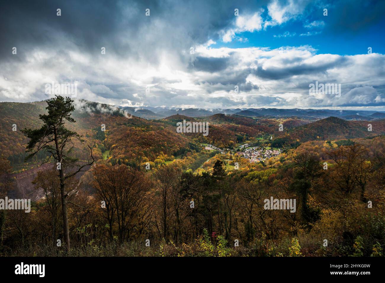 Autumn-coloured forest and mountains, Madenburg ruin, Eschbach, near ...