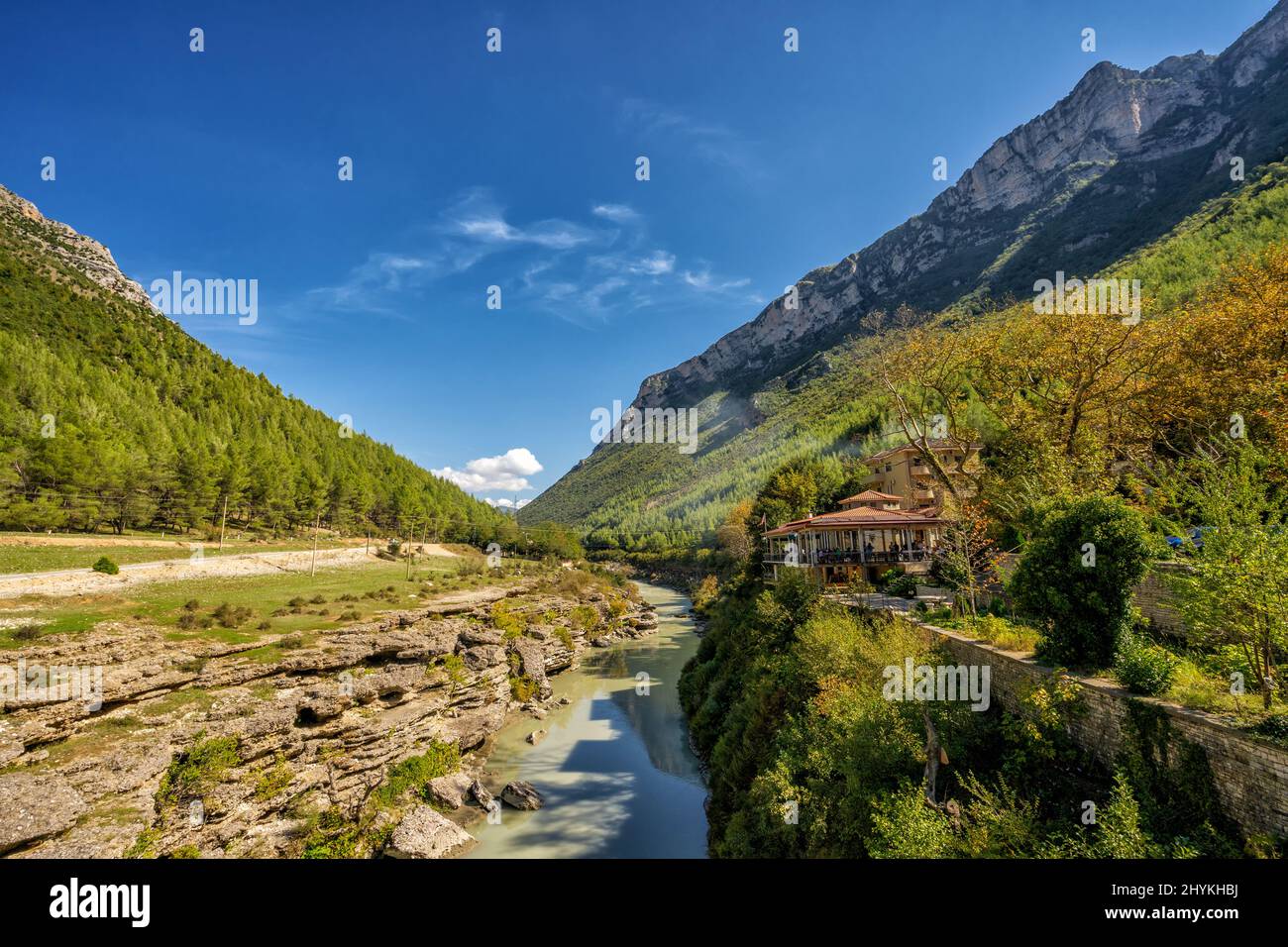 Beautiful mountain valley with gentle hills and river Stock Photo - Alamy