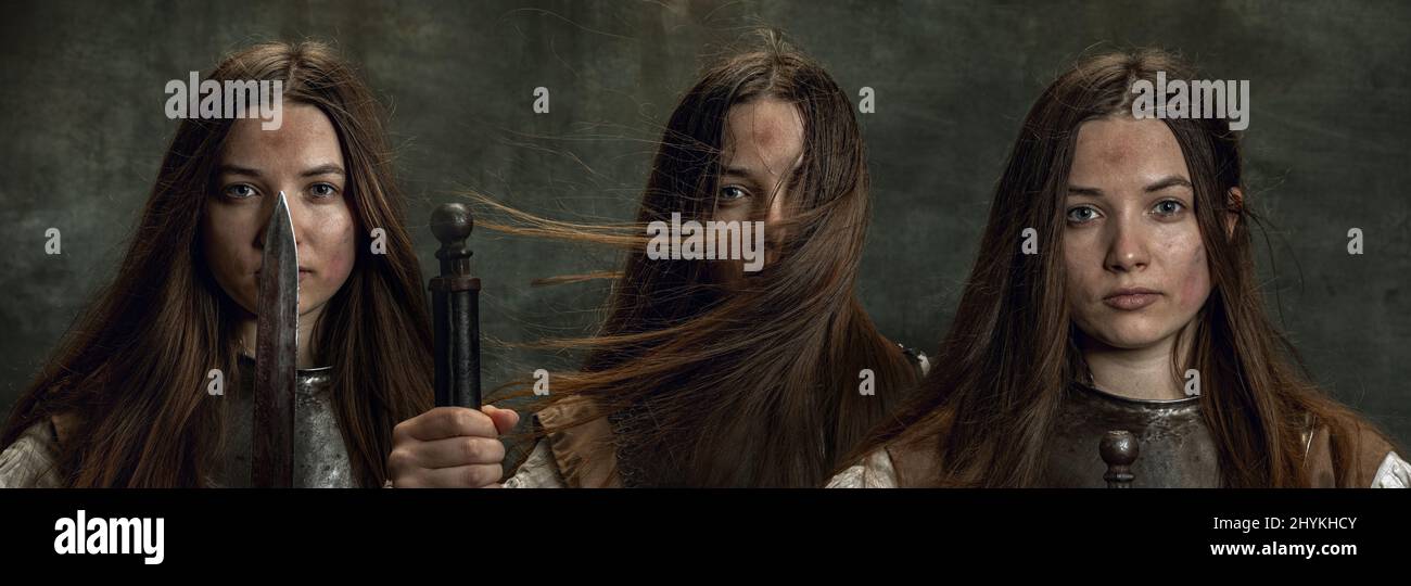 Set made of vintage close-up portraits of adorable woman, medieval ...