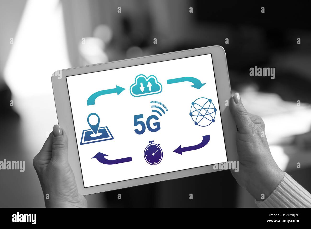 5g concept shown on a tablet held by a woman Stock Photo - Alamy