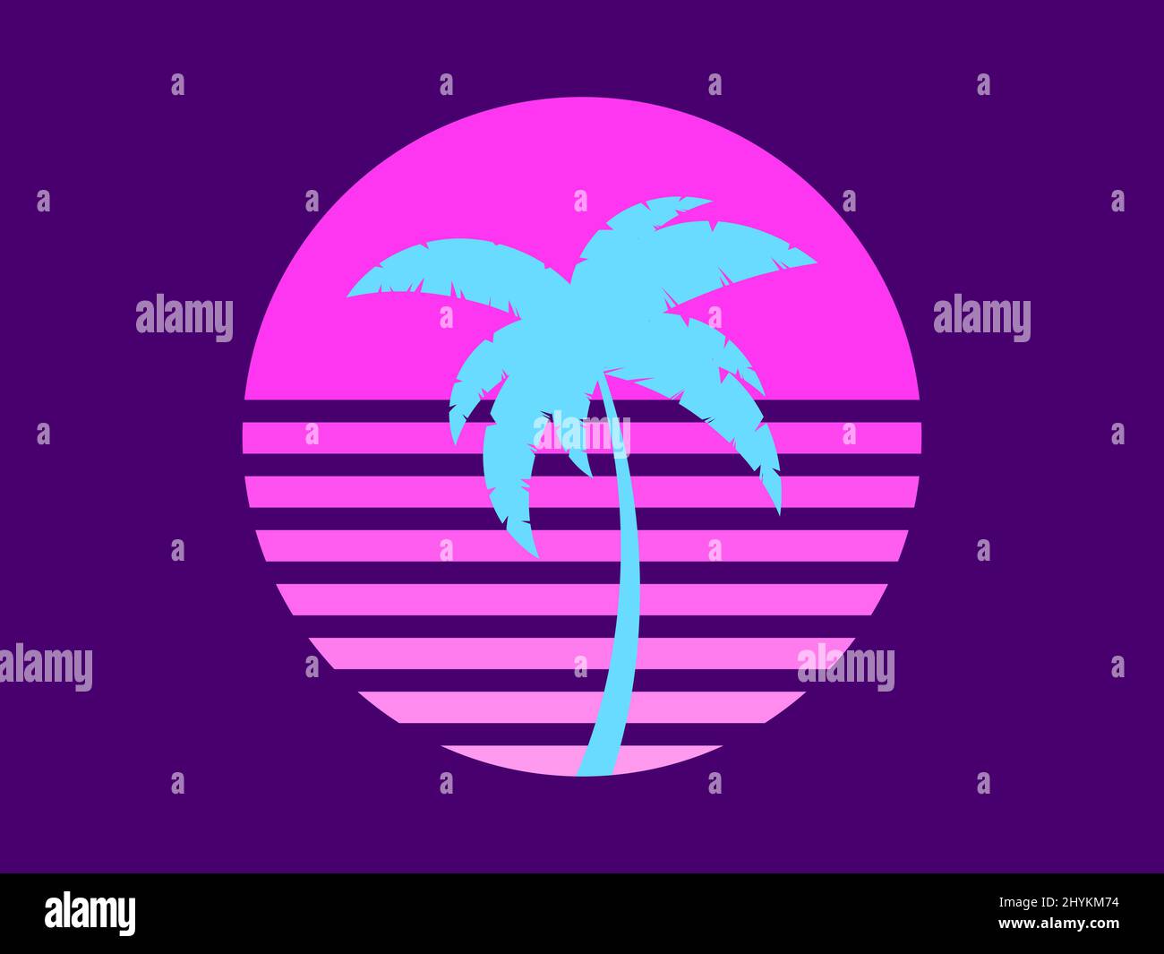 Palm tree in 80s style at sunset. Summer time. Blue palm against the ...