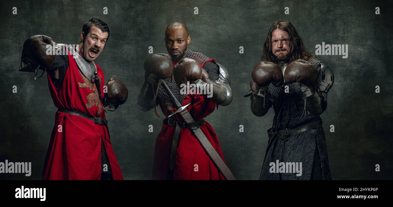 Portraits of medieval warriors or knights with dirty wounded face in ...