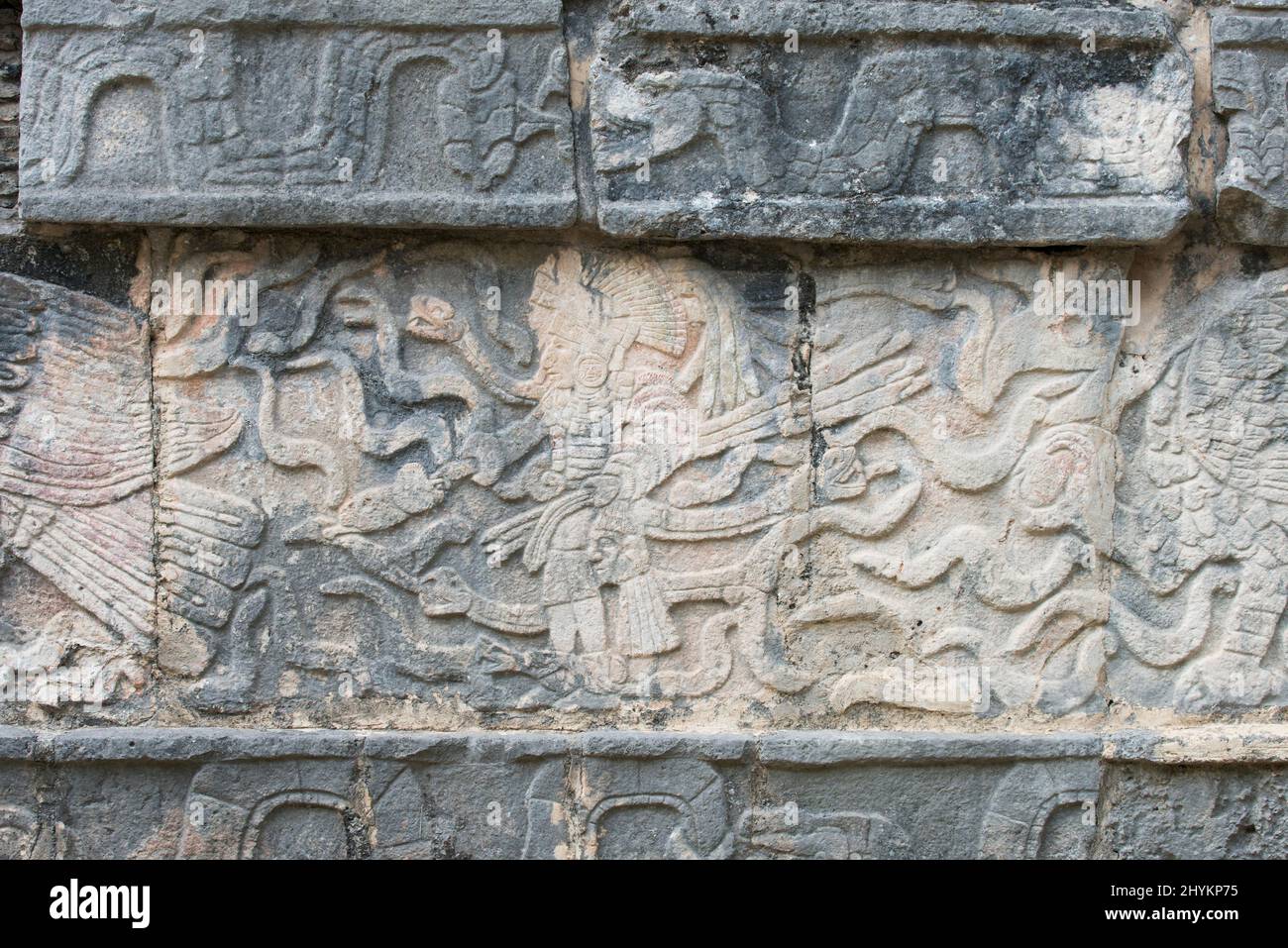 Sandstone relief in the excavation site of the Maya city of Chichen ...