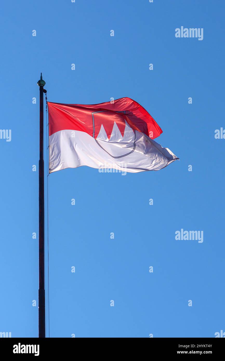 Waving Franconian flag in the blue sky, Nuremberg, Middle Franconia ...