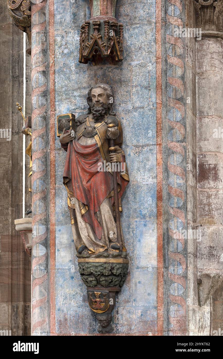 Coloured sculpture of the apostle Jacob the Elder, scallop shell and ...