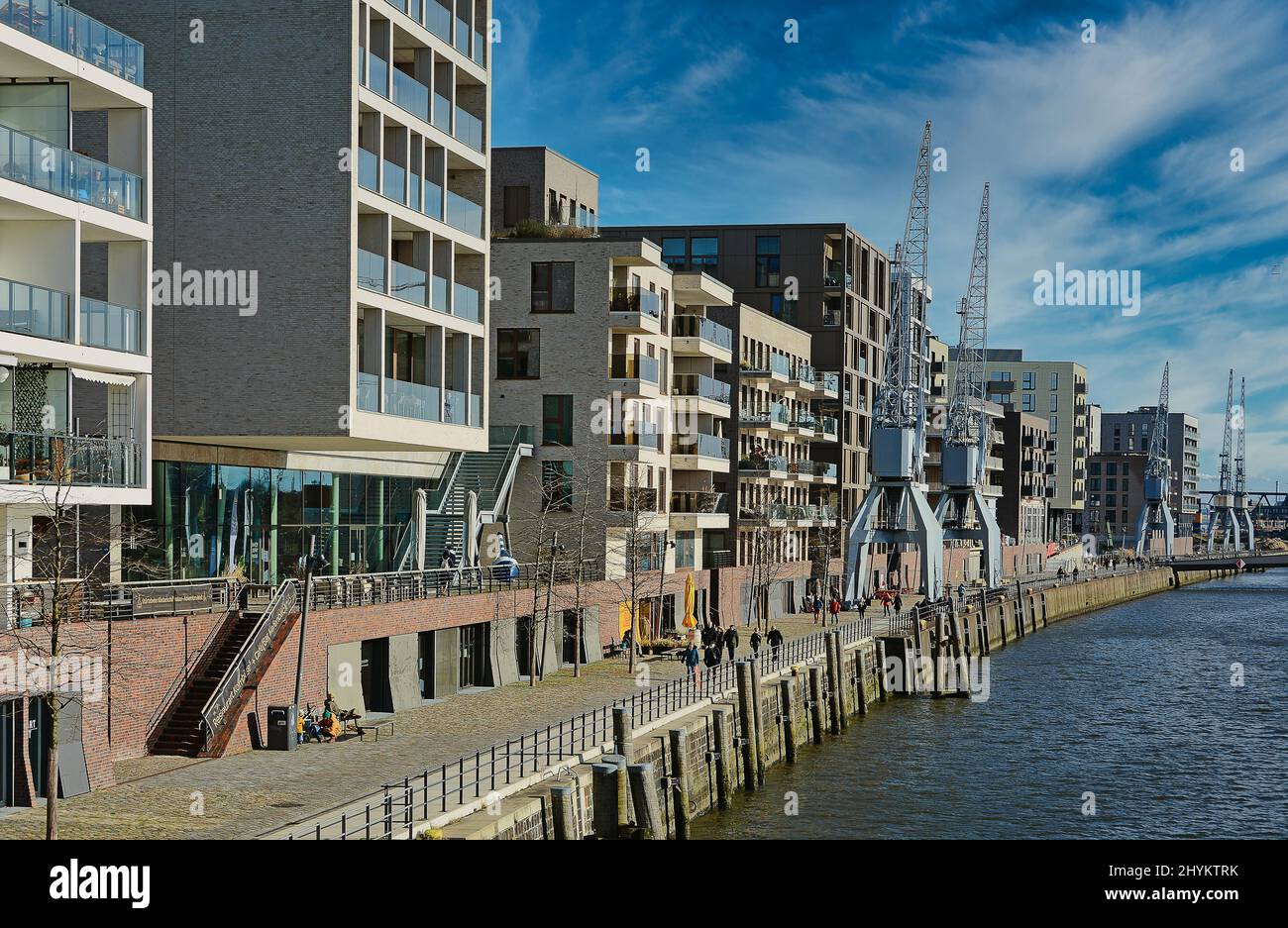 Residential building, harbour cranes, Ueberseequartier, Hamburg ...