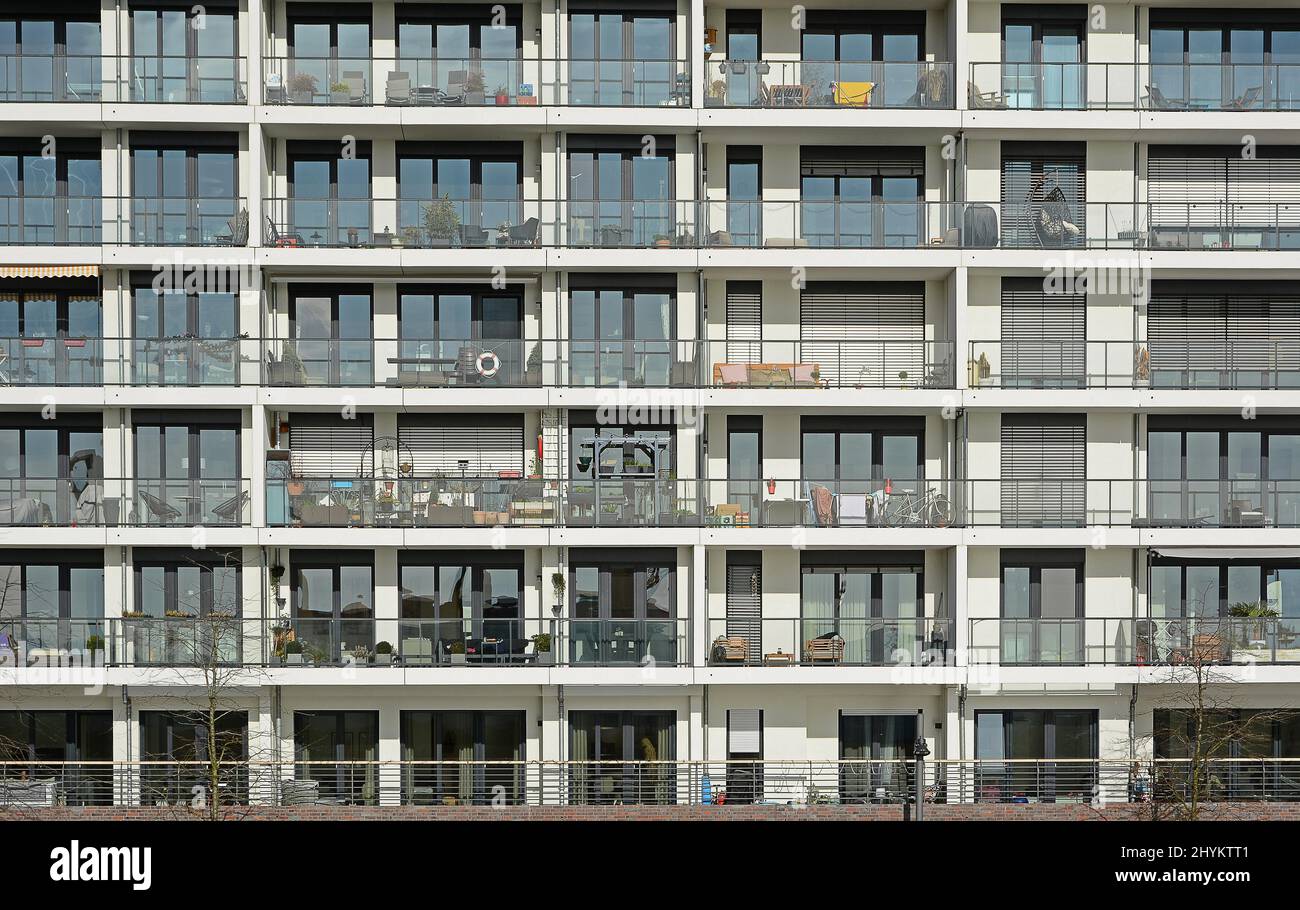Balconies, residential building, facade, Ueberseequartier, Hafencity ...