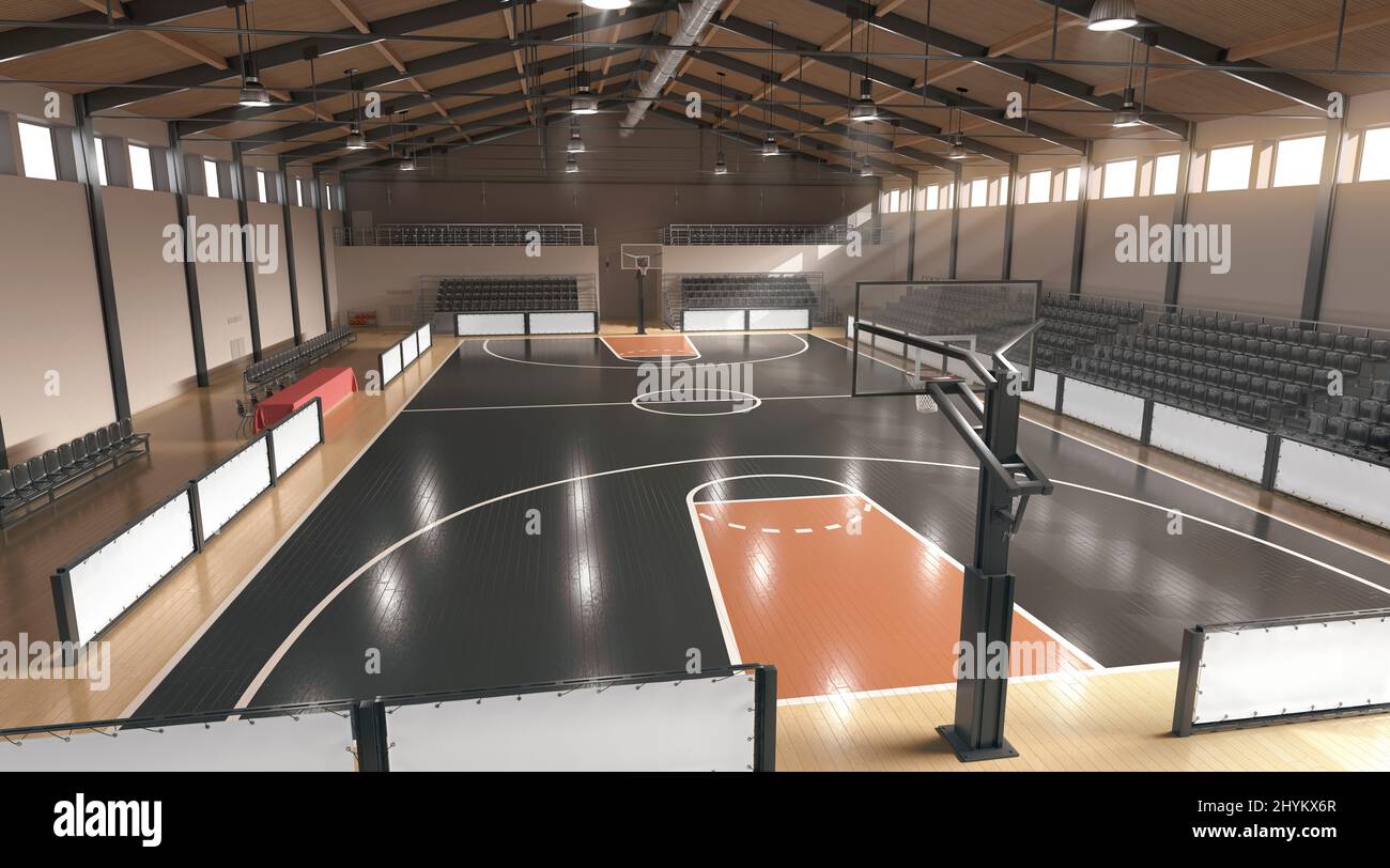 Basketball court with hoop and tribune mockup, top view Stock Photo - Alamy