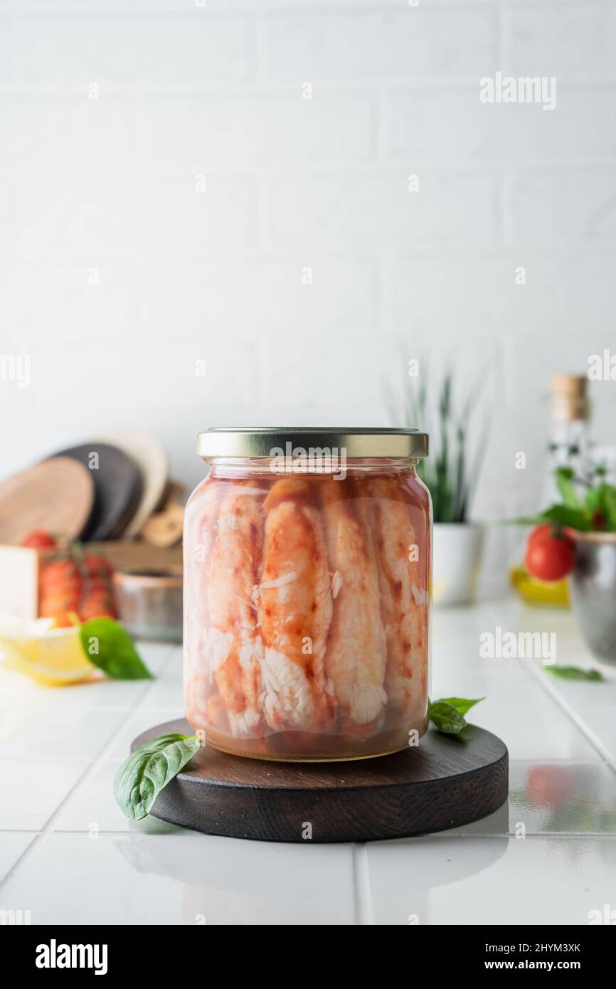 Natural crab meat without additives. Pure product. Serving on a light ...