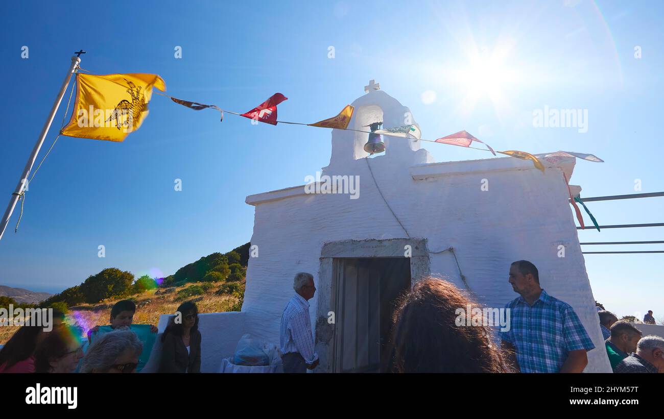 Super wide angle, Pentecost service, Chapel Agias Triadas, people in ...
