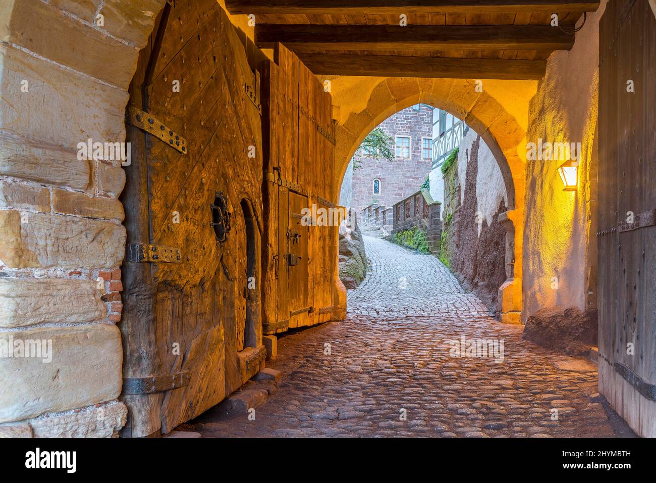 Open castle gate and view into the first courtyard, Wartburg, Eisenach ...