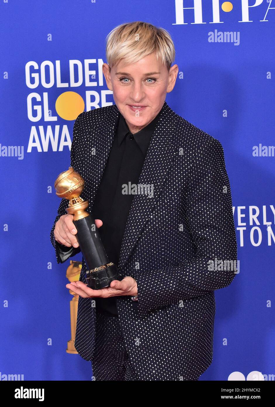 Ellen DeGeneres in the press room at the 2020 Golden Globe Awards at ...