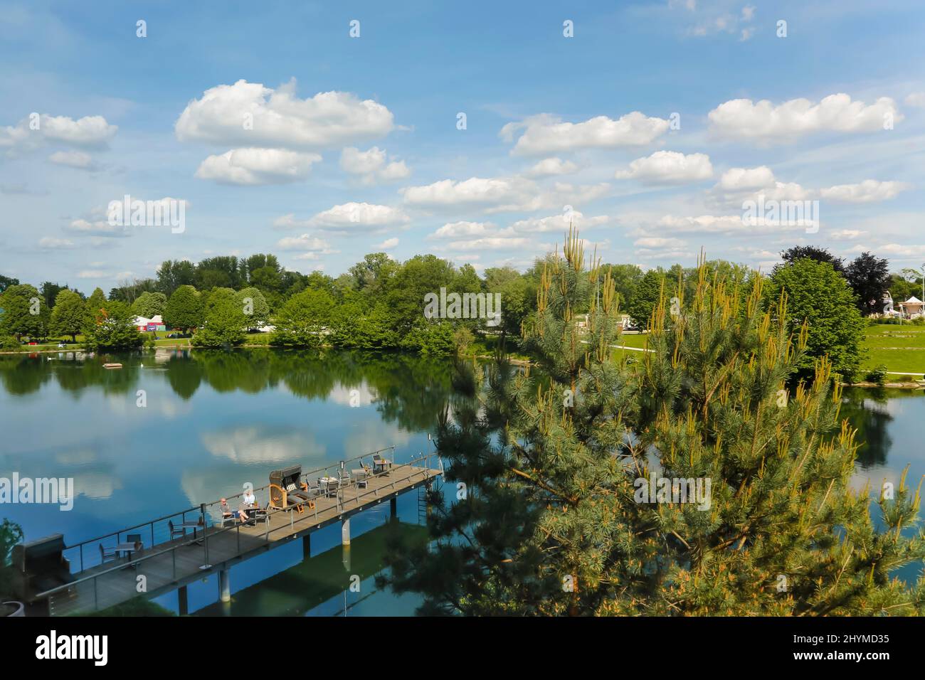 Hotel Lago, bathing lake, wooden jetty, view of the Friedrichsau, Ulm ...
