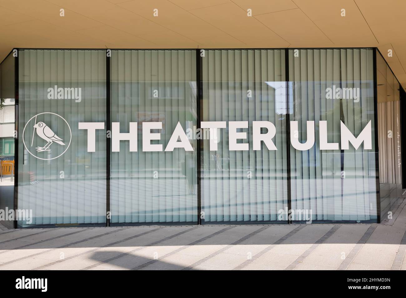 Window with lettering and Ulmer Spatz, Ulm Theatre, Ulm, Baden ...