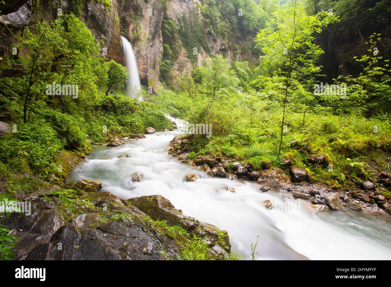 , rapid stream and waterfall in the Kakuetta gorges, France, Pyrenees ...