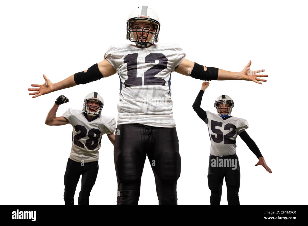 Winner emotions. Three young sportive men, professional american ...