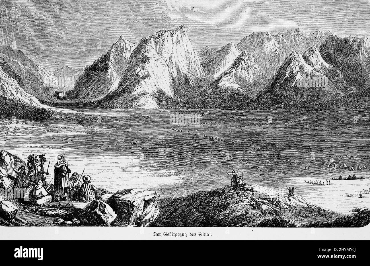 Mountains, peninsula, tents, men, turban, historical illustration, 1885 ...