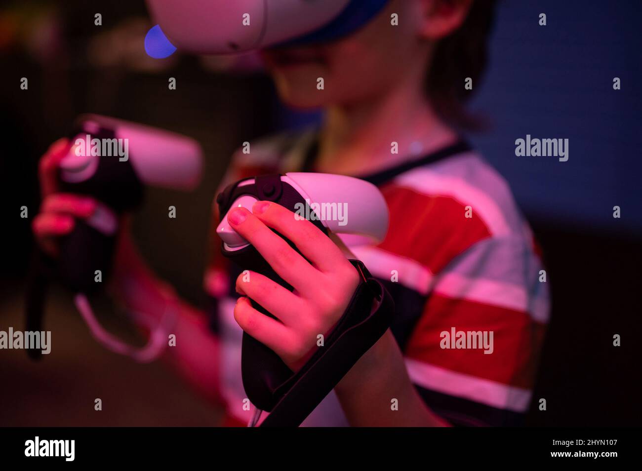 vr game and virtual reality. kid boy gamer six years old fun playing on ...