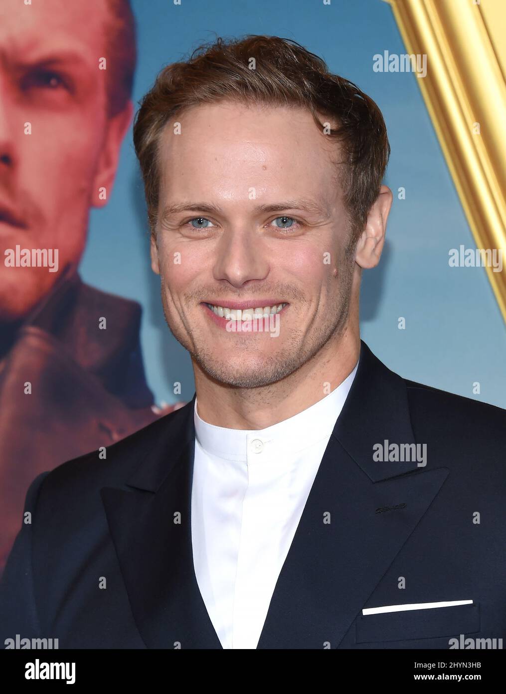 Sam Heughan attending the season five premiere of Outlander in Los ...