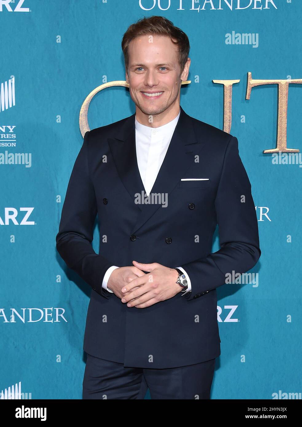 Sam Heughan attending the season five premiere of Outlander in Los ...