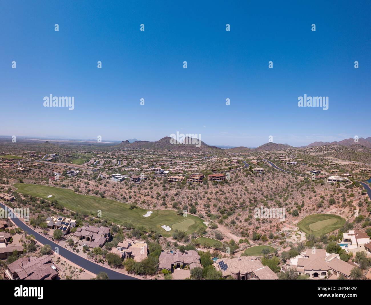 Aerial view of the mansions and roads. Fountain Hills, Fountain Park ...