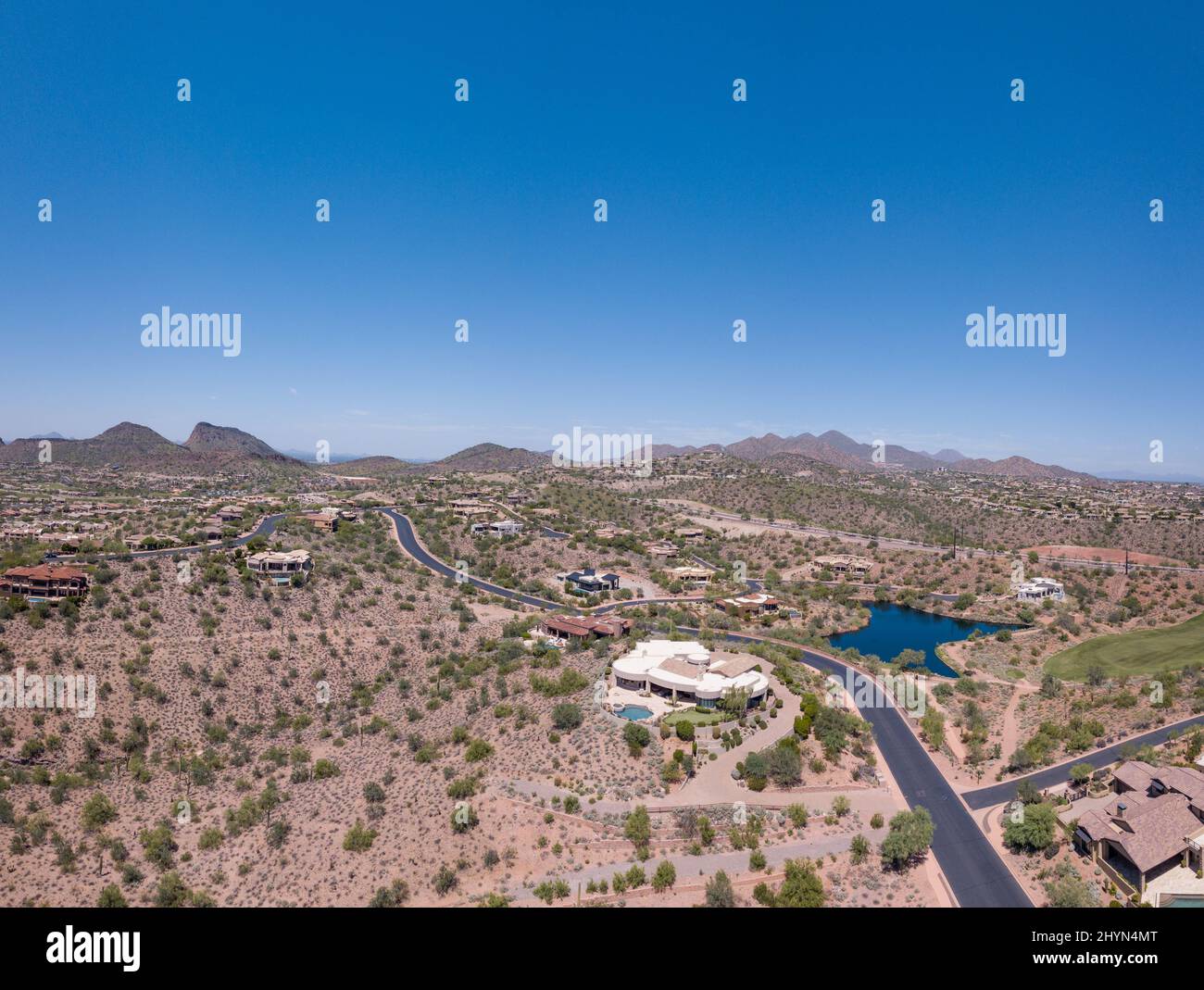 Aerial view of the mansions and roads. Fountain Hills, Fountain Park ...