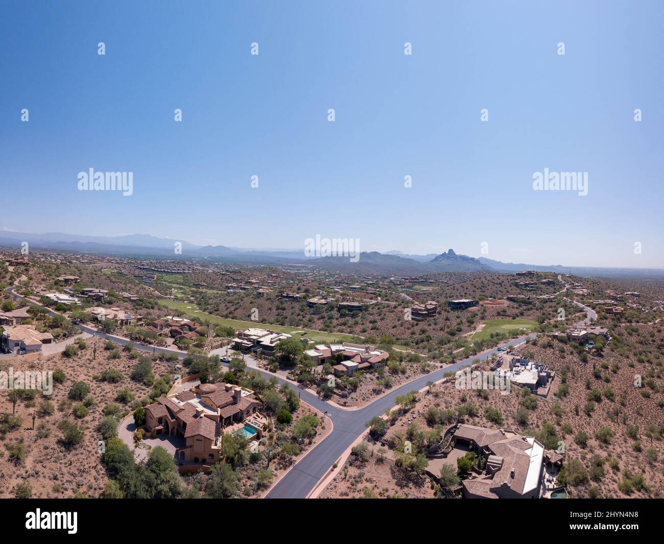 Aerial view of the mansions and roads. Fountain Hills, Fountain Park ...