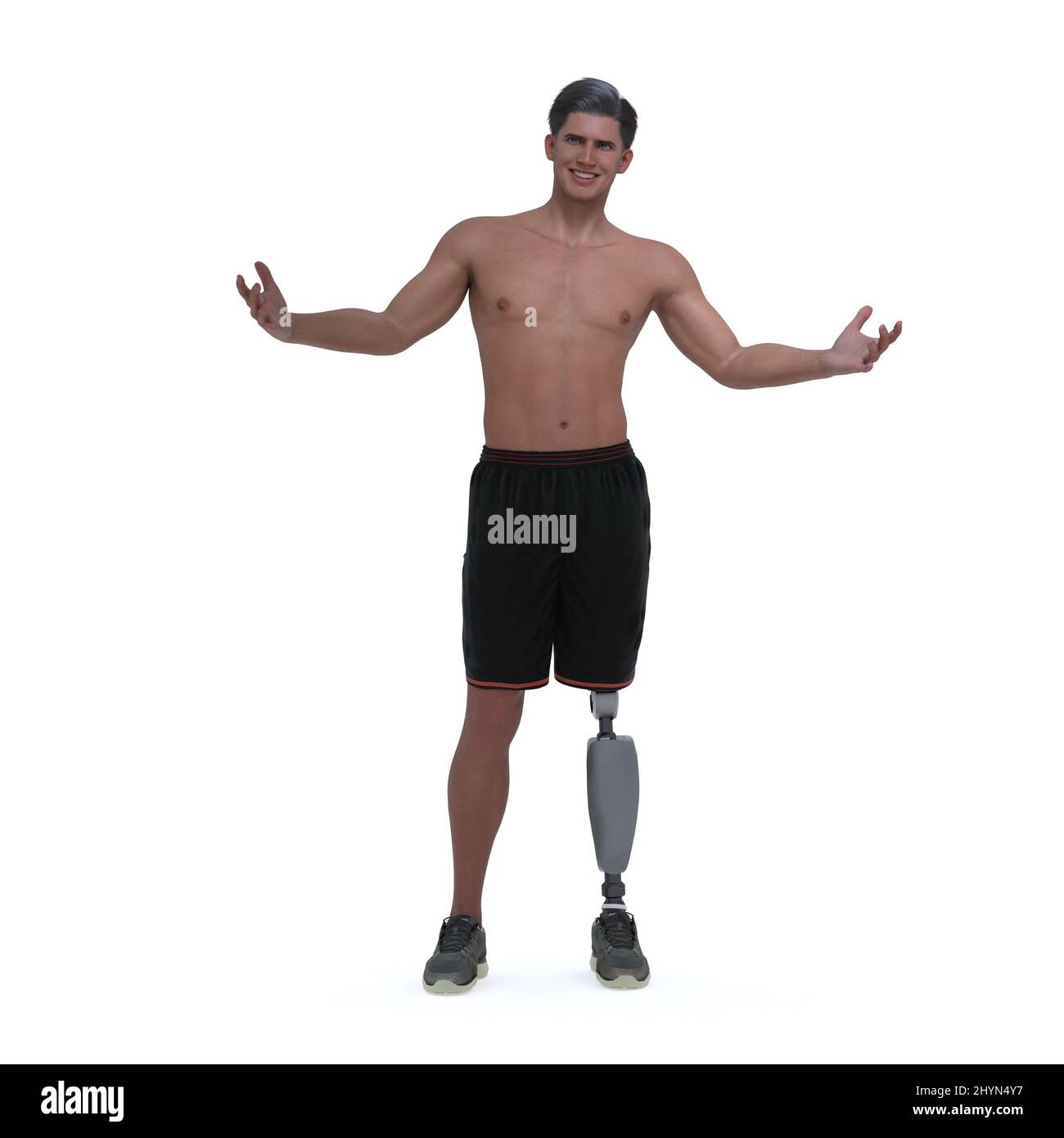 3D Render : isolated image of a smiling man with prosthesis leg Stock ...