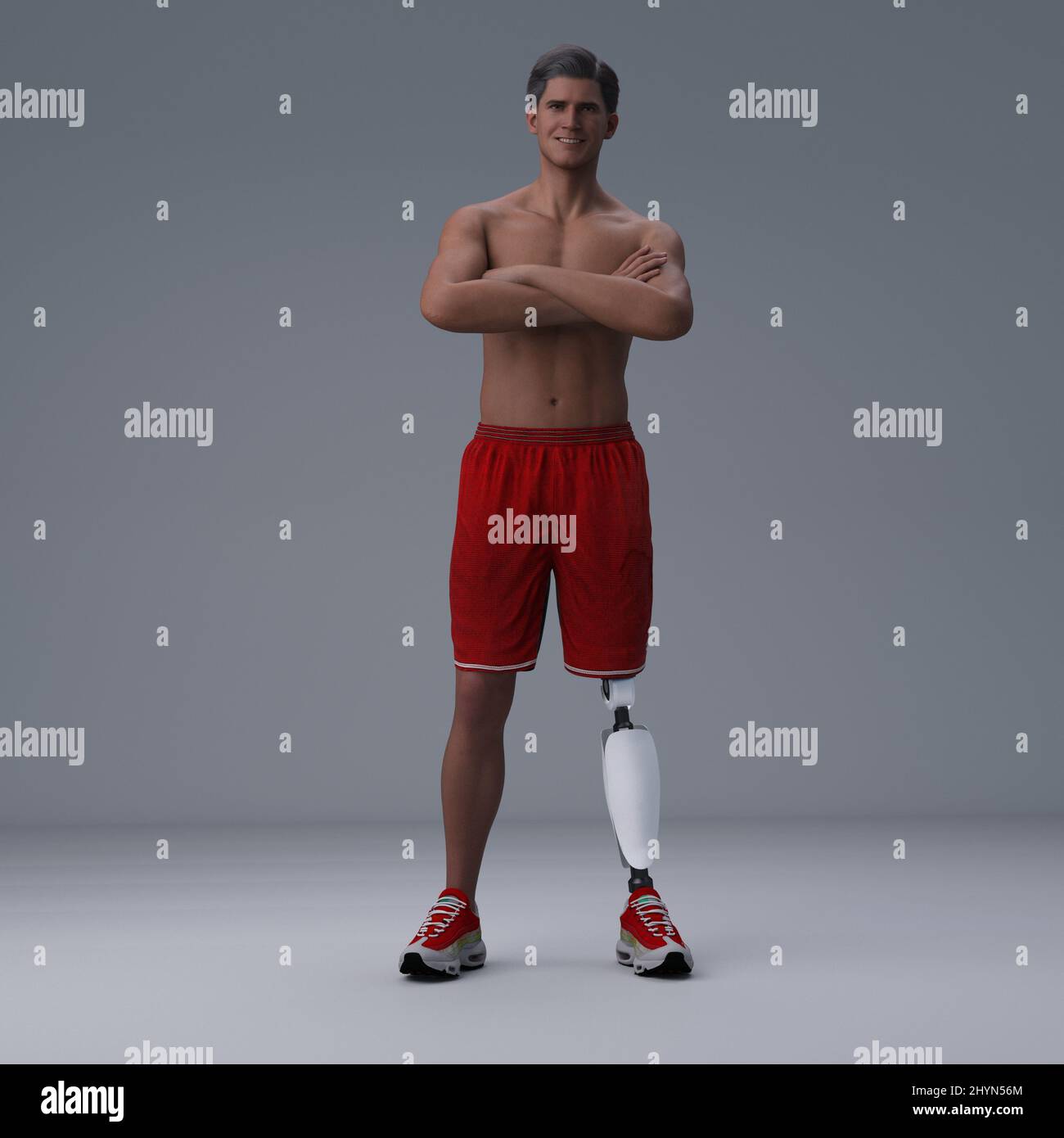 3D Render : isolated image of a smiling man with prosthesis leg Stock ...