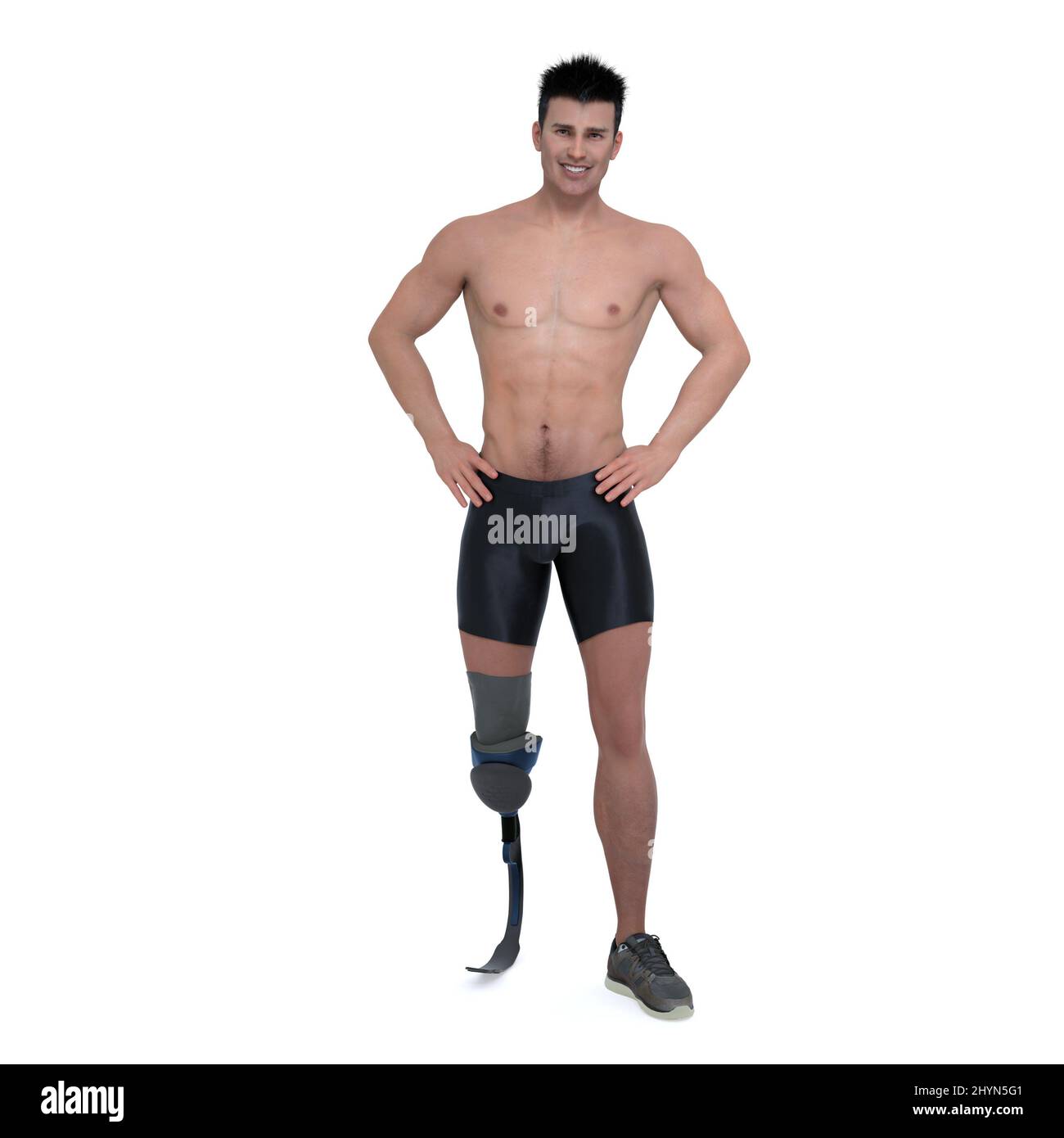 3D Render : isolated image of a smiling man with prosthesis leg Stock ...