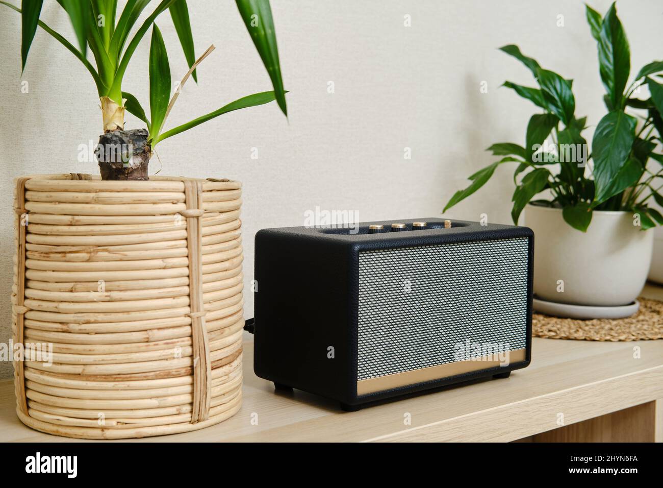 Acoustic music speaker in retro style. Vintage sound column in an old ...