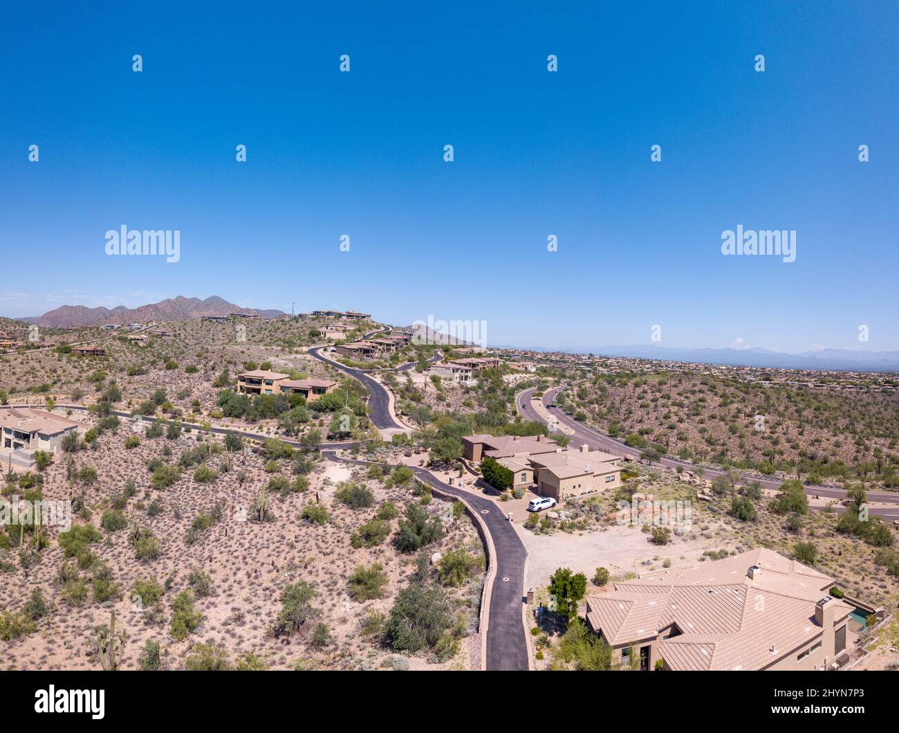 Aerial view of the mansions and roads. Fountain Hills, Fountain Park ...