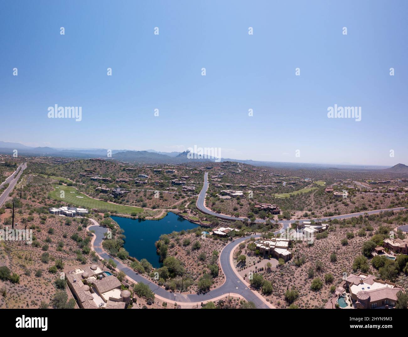 Aerial view of the mansions and roads. Fountain Hills, Fountain Park ...