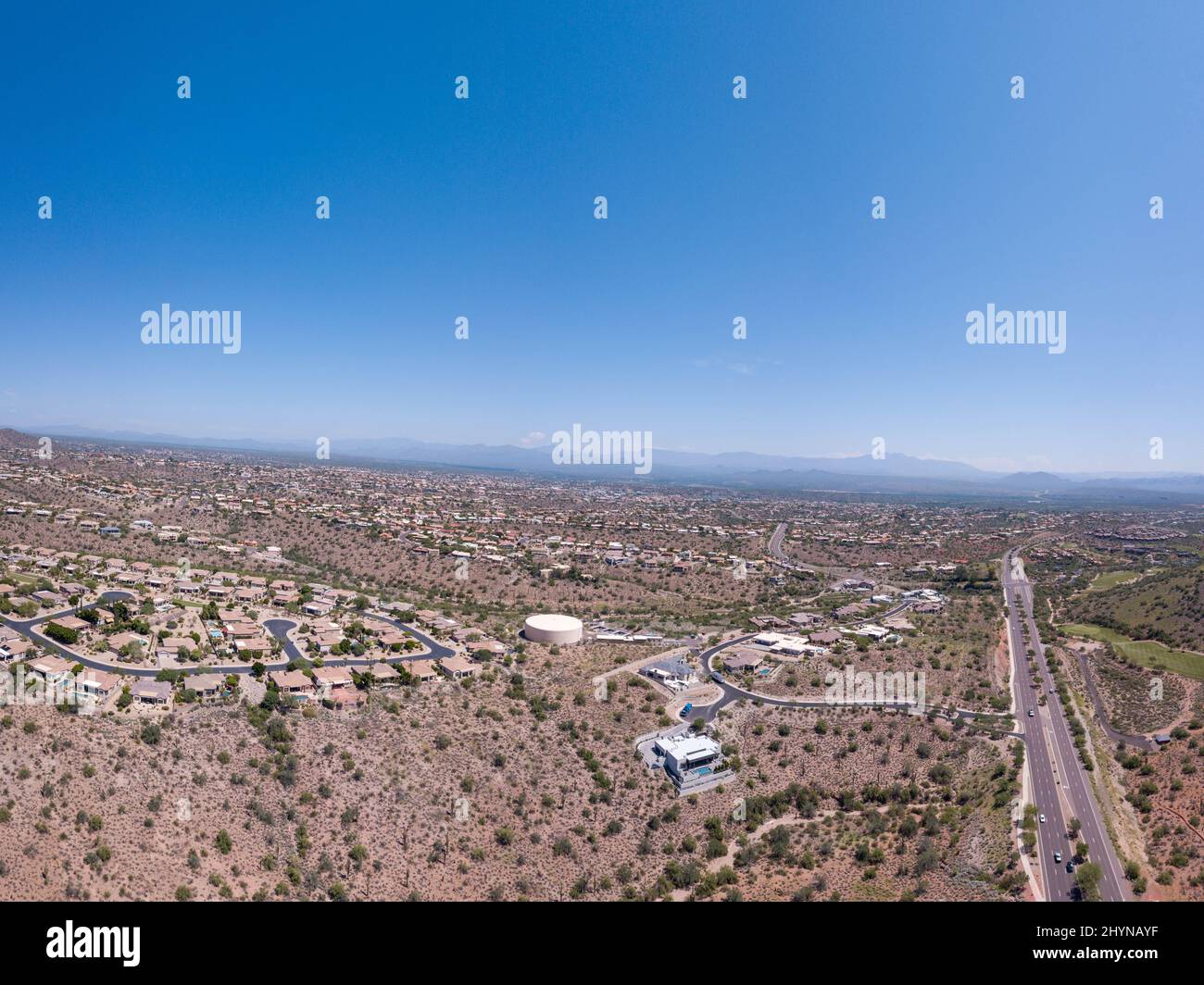 Aerial view of the mansions and roads. Fountain Hills, Fountain Park ...