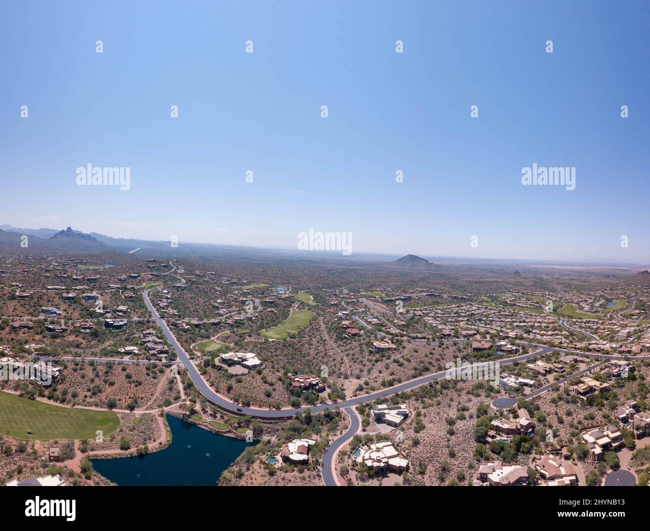 Aerial view of the mansions and roads. Fountain Hills, Fountain Park ...
