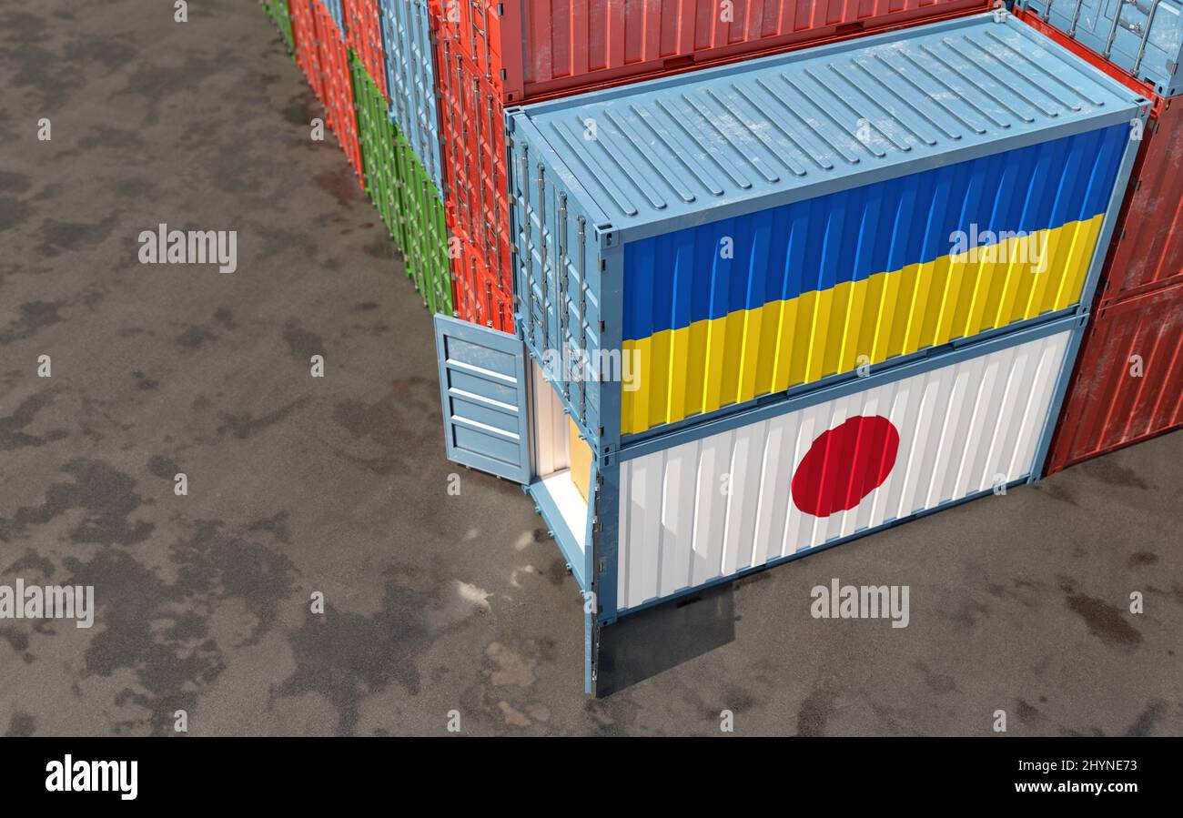Cargo containers with Japan and Ukraine national flags. 3D Rendering Stock Photo - Alamy