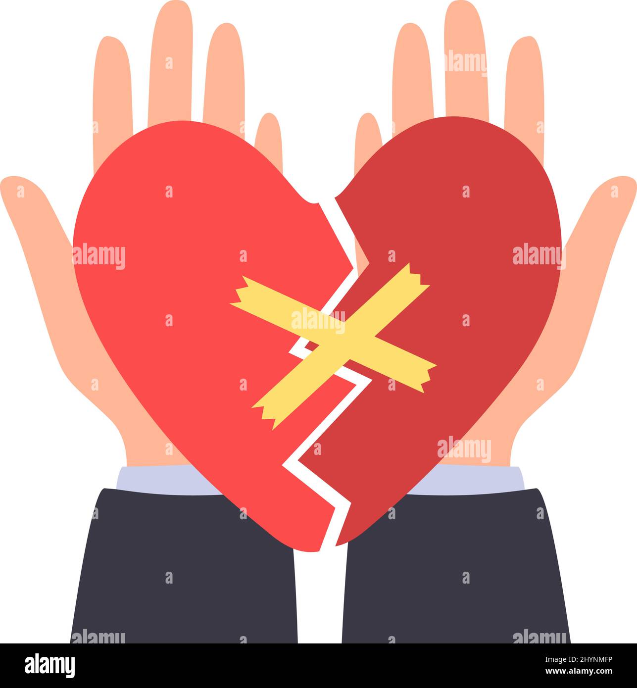 Hands holding broken heart fixed with adhesive tape. Help, care and ...
