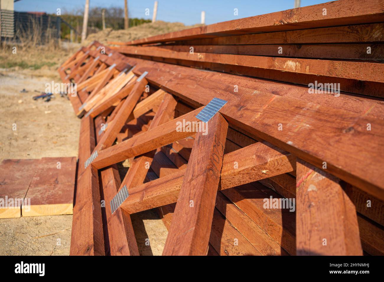 New under construction roof beams the construction site Stock Photo - Alamy
